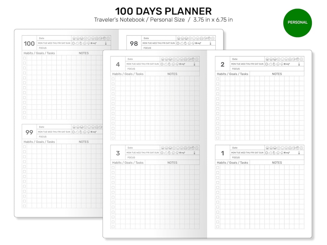 100 DAYS PLANNER Printable Traveler's Notebook Insert PERSONAL Size ...