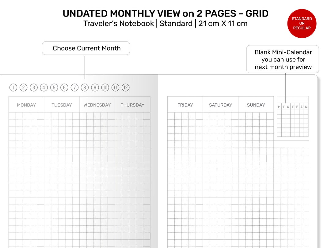 TN Monthly GRID Undated With Mini Calendar Traveler's Notebook ...