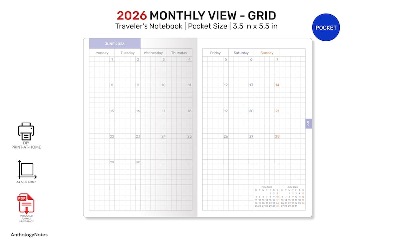 2026 TN POCKET Monthly GRID Traveler's Notebook Printable Refill Insert ...