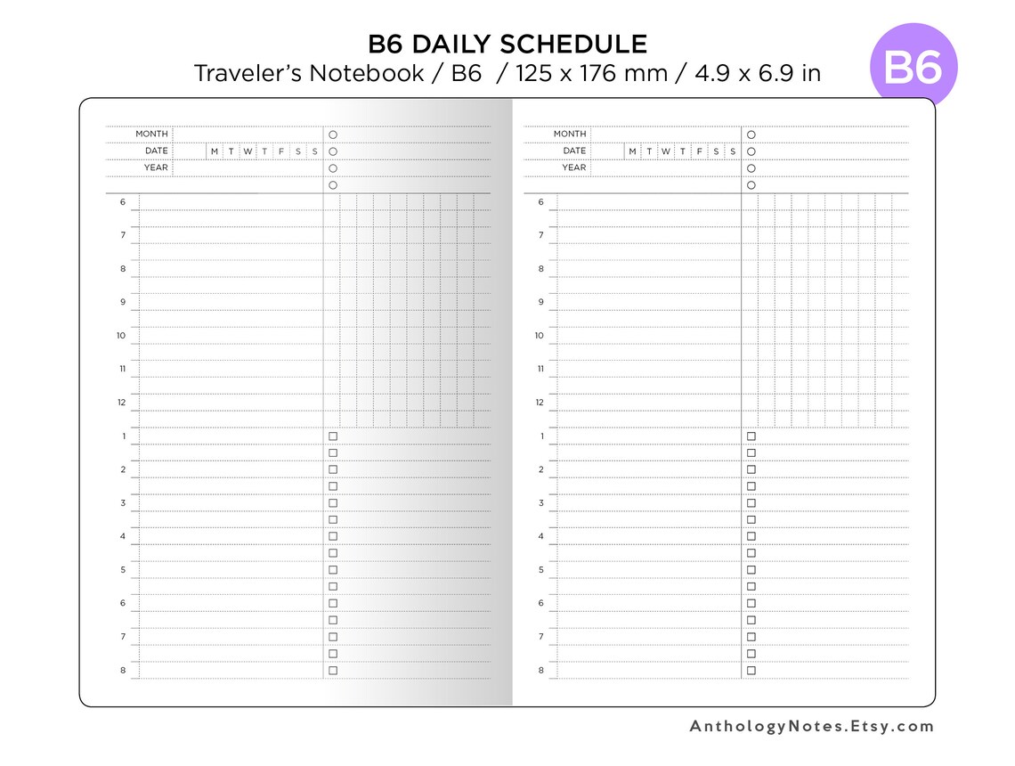 B6 DAILY View Schedule Traveler's Notebook Printable - Etsy