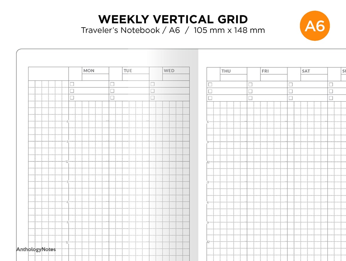 A6 Weekly Vertical Printable Grid Traveler's Notebook - Etsy