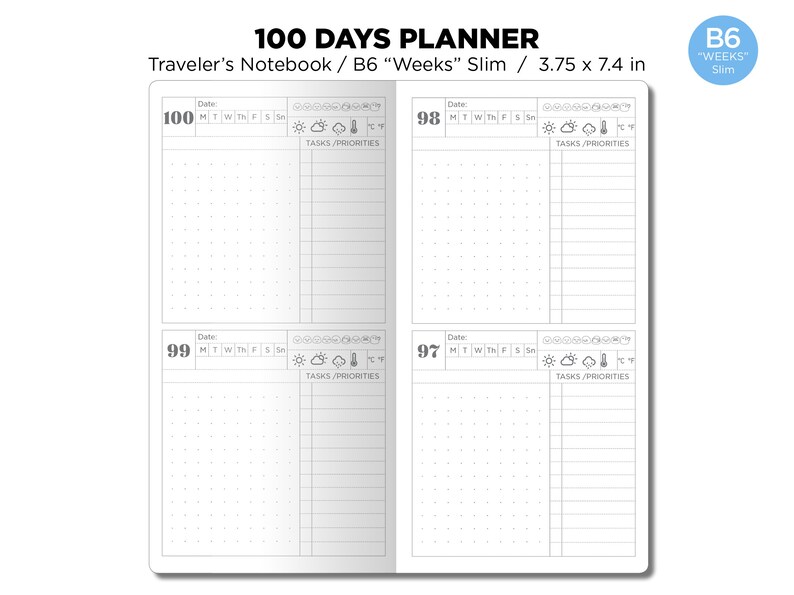 B6 WEEKS Slim 100 Days Planner Traveler's Notebook Goal Tracking ...