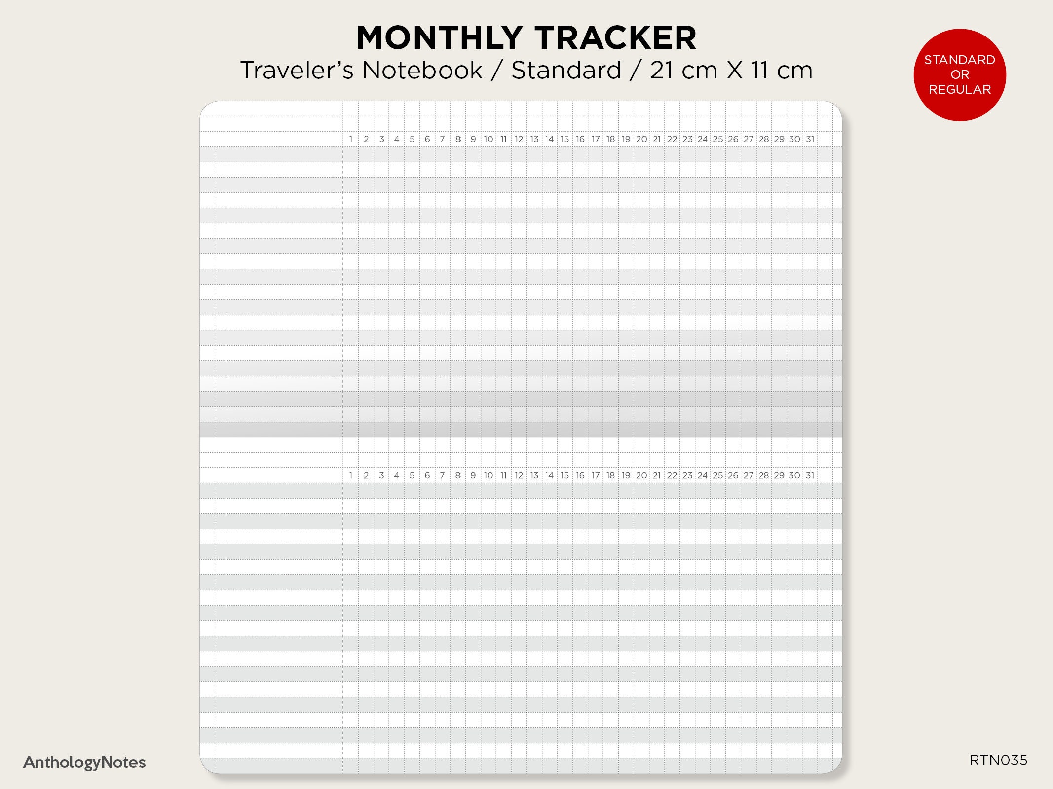 MONTHLY Tracker GRID Standard Size Traveler's Notebook Printable Insert ...