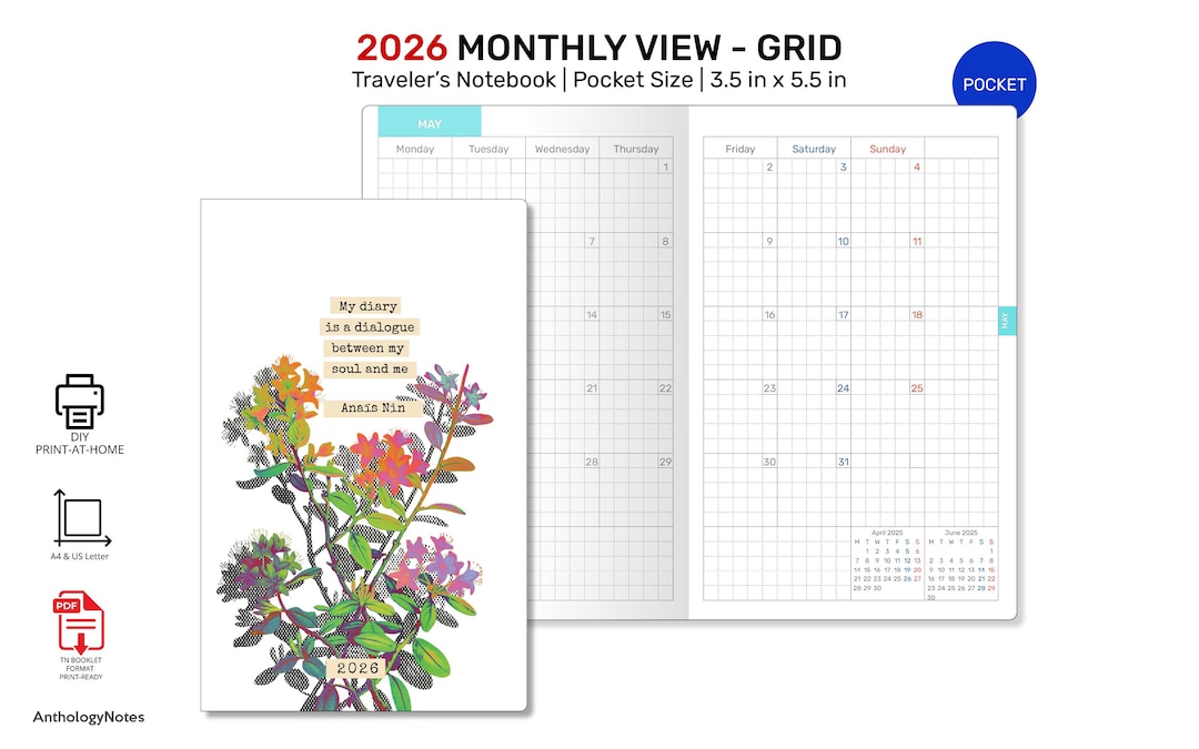 2026 TN POCKET Monthly GRID Traveler's Notebook Printable Refill Insert ...
