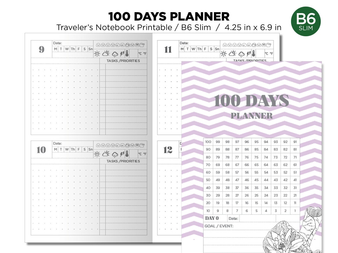 B6 Slim 100 Days Planner Traveler's Notebook 100 Days Goal Tracking ...