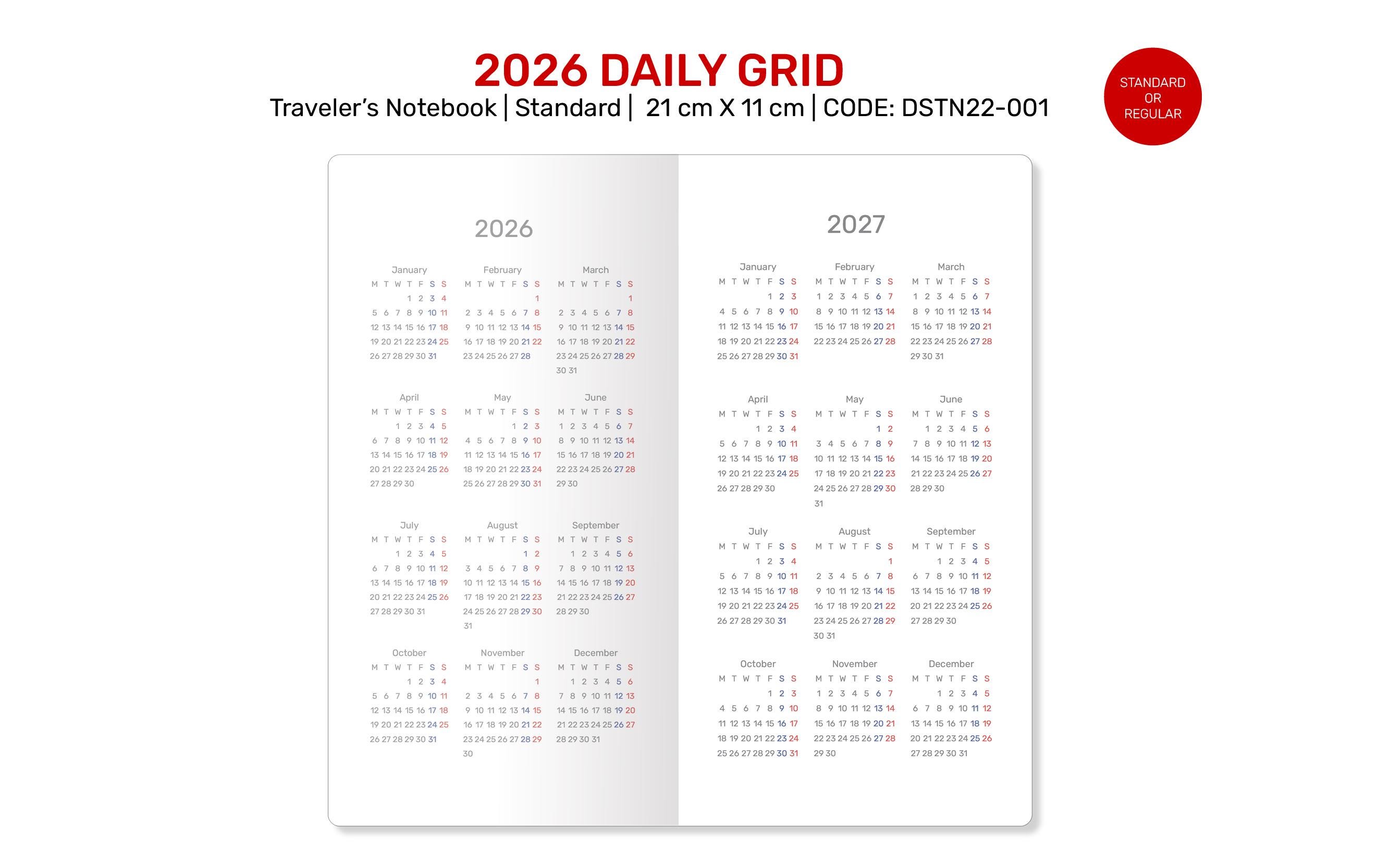2026 Daily Standard TN GRID Printable Traveler's Notebook Refill ...