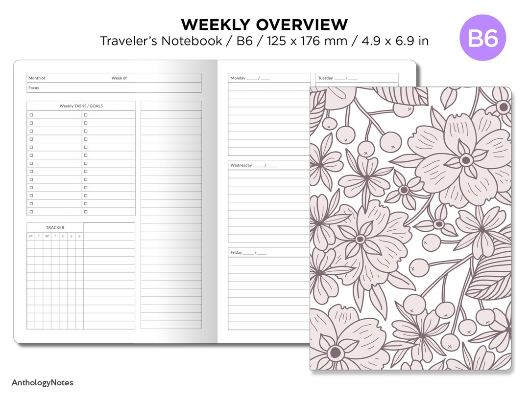 B6 Weekly View Summary Traveler's Notebook Printable Insert Minimalist ...