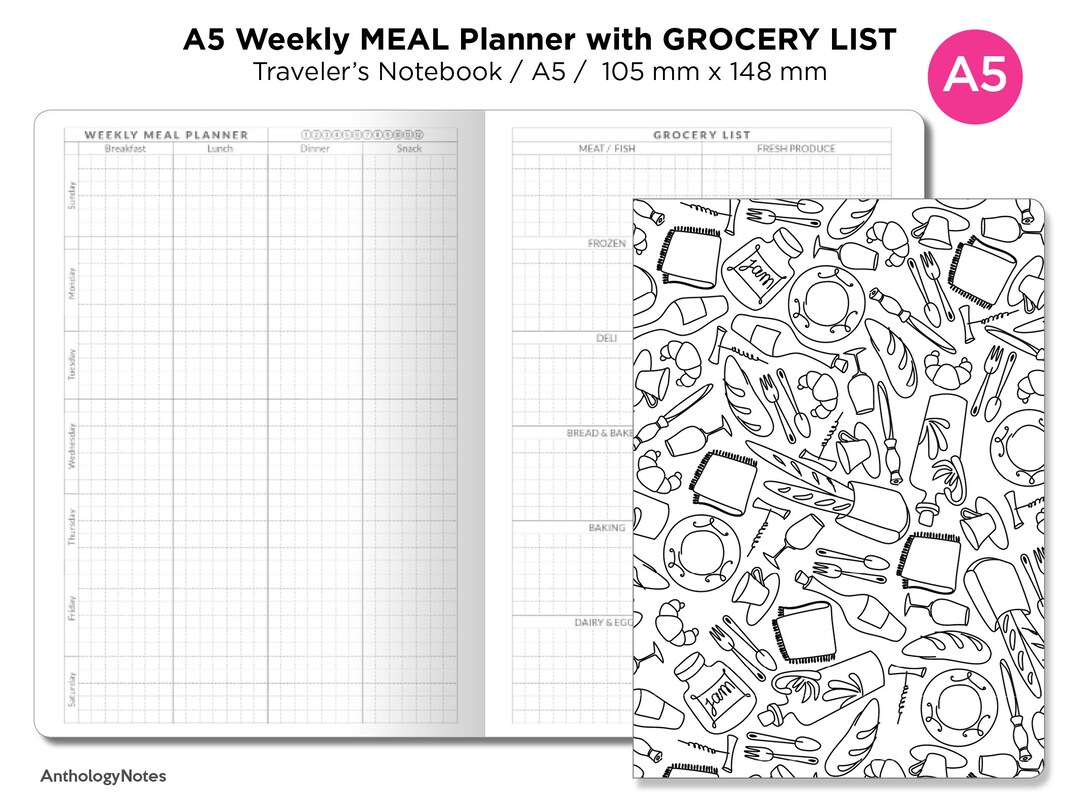 TN A5 Weekly MEAL Planner Printable Traveler's Notebook Insert / MENU ...