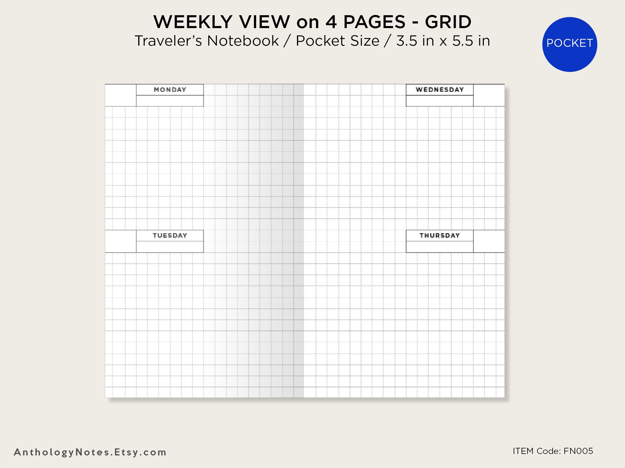 POCKET TN Weekly Planner Printable Insert Wo4P GRID Horizontal | Etsy