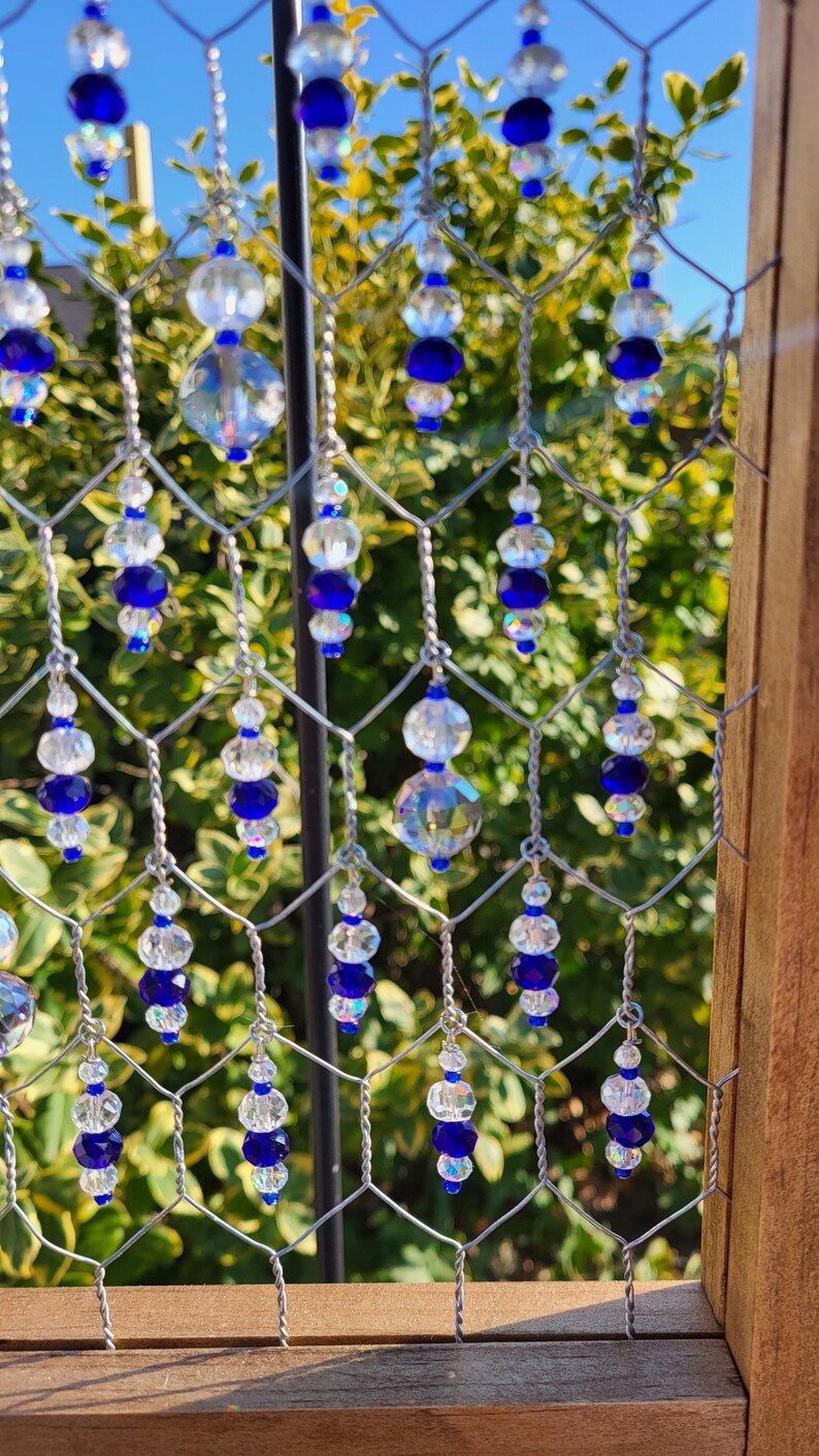 NEW! 12''x15'' Beaded Chicken Wire Window Sun Catcher - in Blues ...