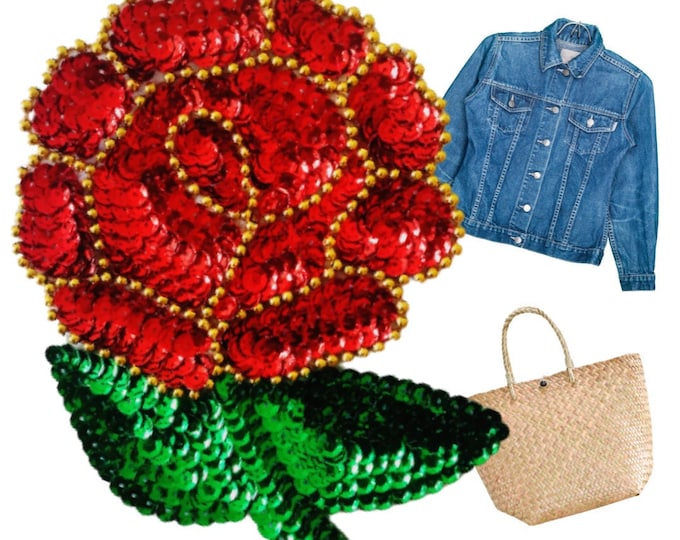 Set of 2 Mexican Red Rose Sequin Patch, Flower Sequin Applique, Rose ...