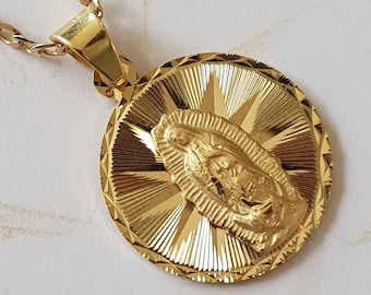 14K Gold Guadalupe Round Medal, Virgen Guadalupe Pendant 14K Gold Guadalupe Round Medal, Virgen Guadalupe Pendant