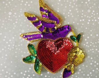 Bird Heart Sequin Patch, Milagro Heart, Mexican Milagrito Tin, Mexican Sequin Patch Denim Jacket ...