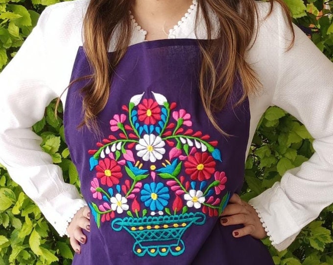 Mexican Purple Embroidered Apron, Mexican Colorful Floral Embroidery ...
