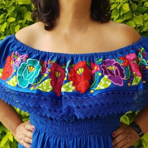 Mexican Embroidered off the Shoulder Royal Blue Blouse, Lace Trim ...