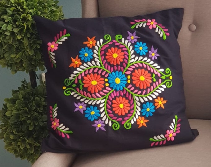 Mexican Black Flower Embroidered Pillow Mexican Navy Blue | Etsy