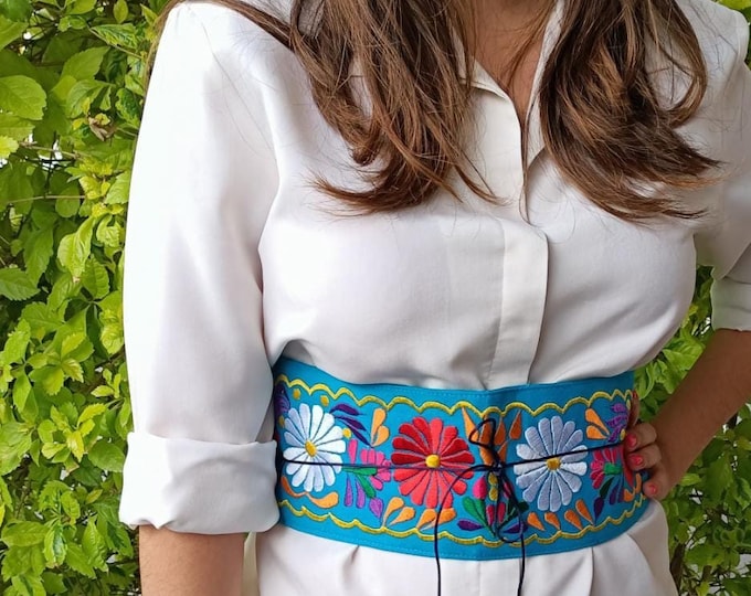 Embroidery Mexican Blue Sash, All Sizes Waist Colorful Flower Belt ...