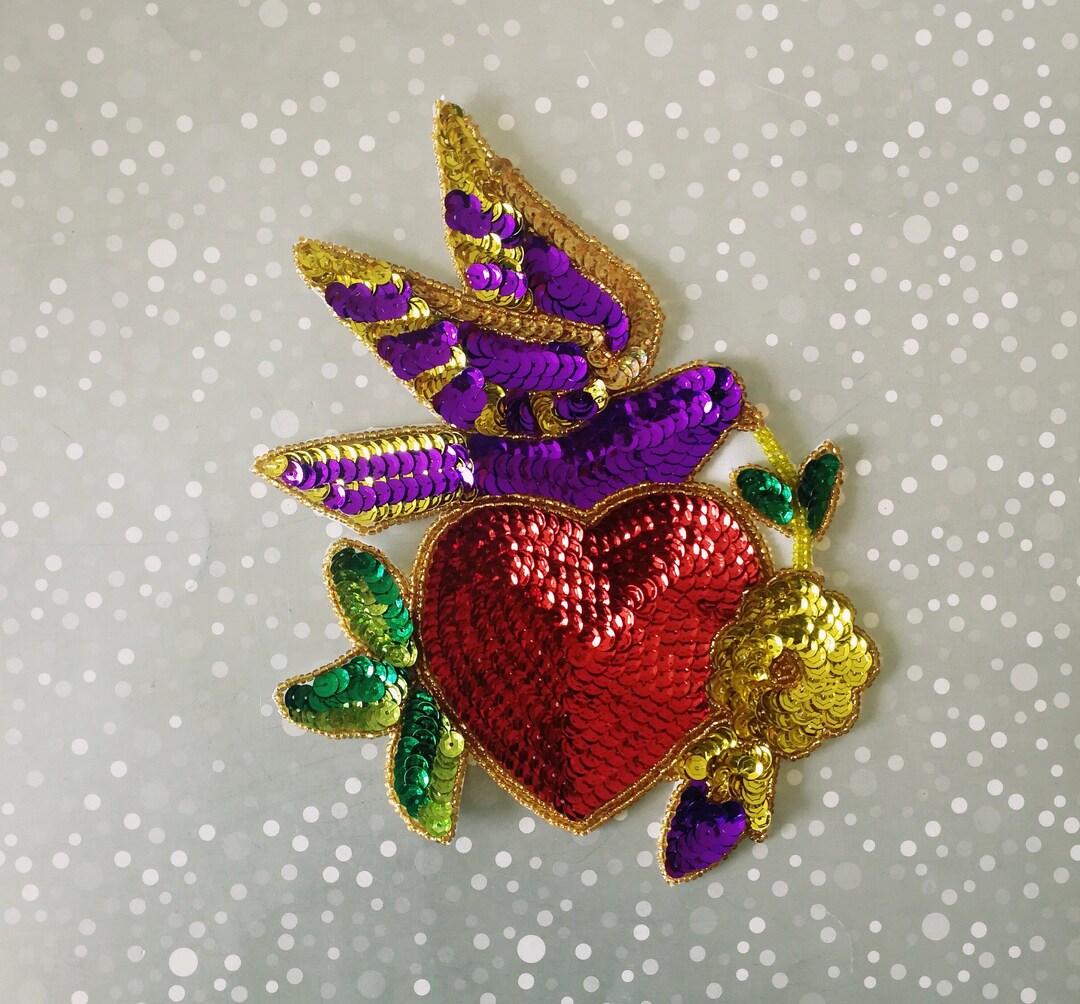 Milagro Sacred Heart Sequin Patch, Mexican Milagrito Tin, Mexican Sequin Patch Denim Jacket ...