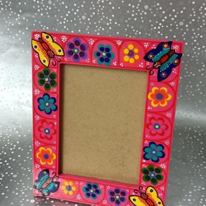 Mexican Hand Painted Photo Frame, Pink Floral Butterfly Frame for Girl ...