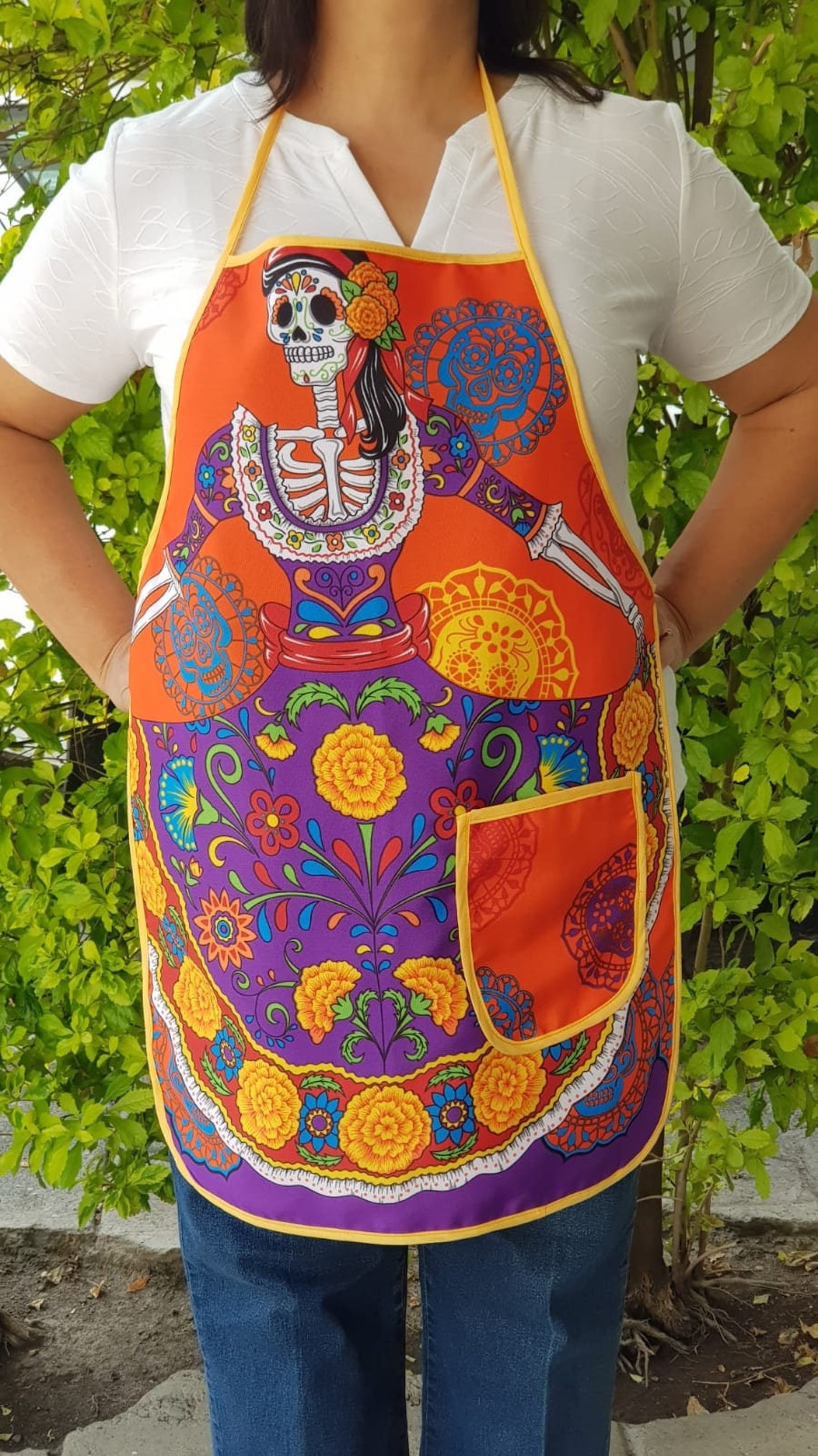Mexican Purple Apron Kitchen Dead of the Dead, Catrina Lady Sugar Skull ...