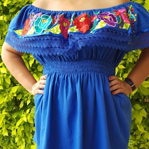 Mexican Embroidered off the Shoulder Royal Blue Blouse, Lace Trim ...