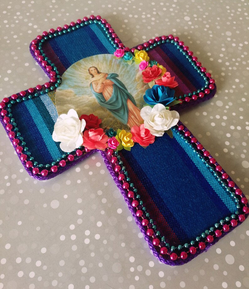 Virgen Maria Wood Cross Mexican Flower Cross Holy Mary Wall - Etsy