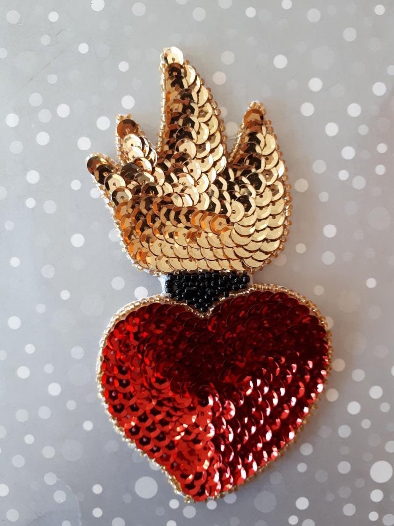 Mini Red Sacred Heart Sequin Patch, Sagrado Corazon, Red Heart Sequin Patch, Mexican Corazon ...