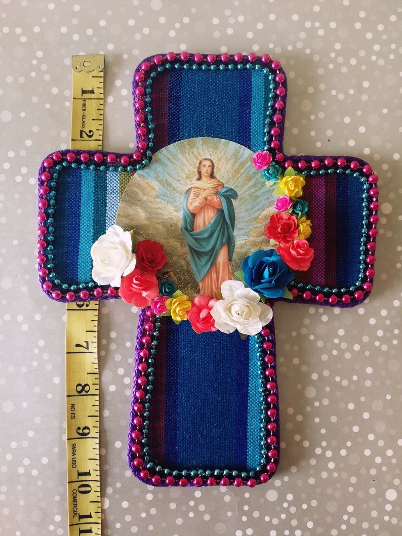 Virgen Maria Wood Cross Mexican Flower Cross Holy Mary Wall - Etsy