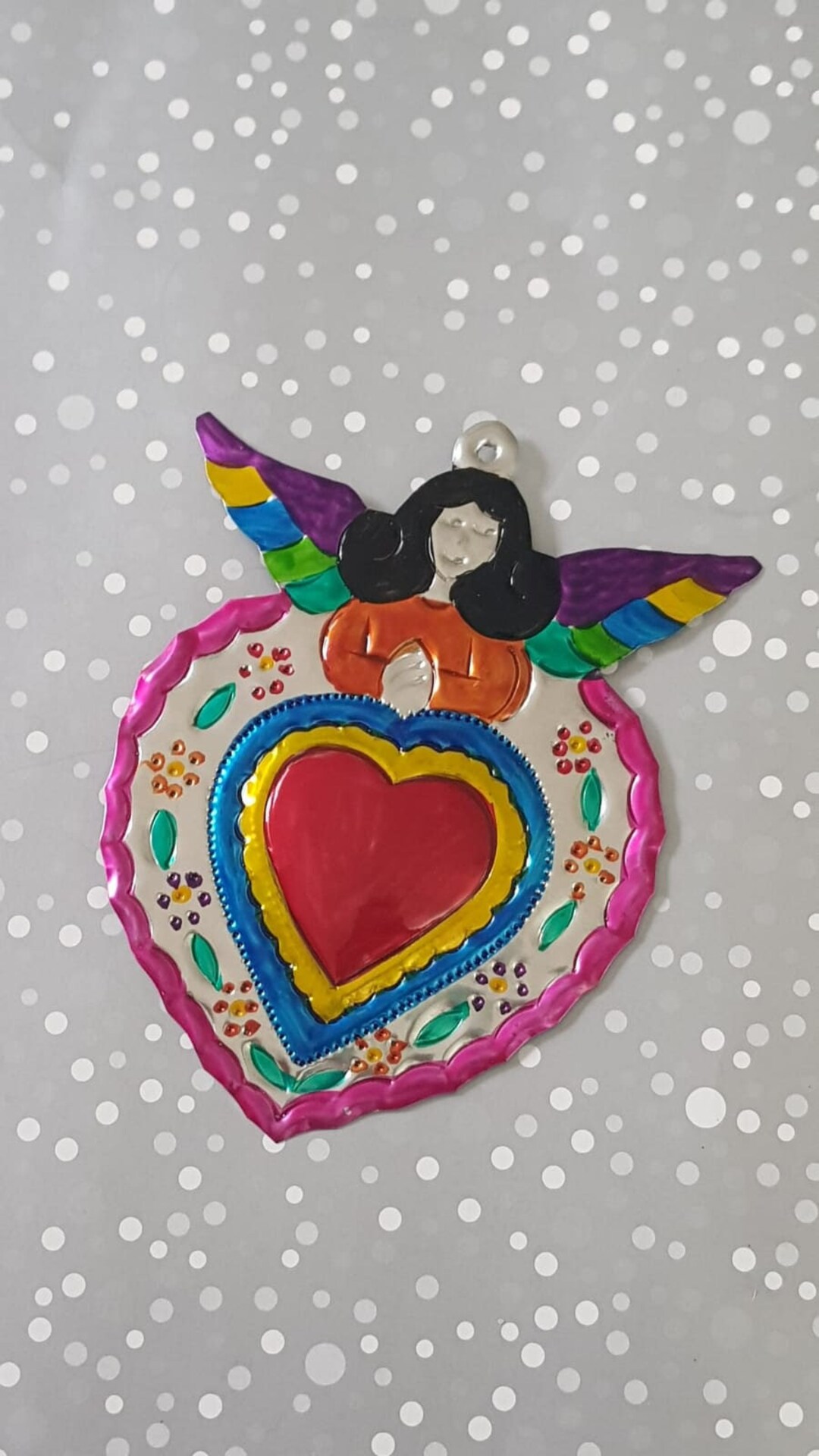 Milagro Angel Tin Heart, Mexican Sacred Tin Heart Ornament, Engraved ...