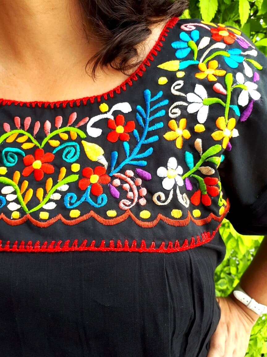 Mexican Black Embroidered Blouse, Plus Size Mexico Clothing Women ...
