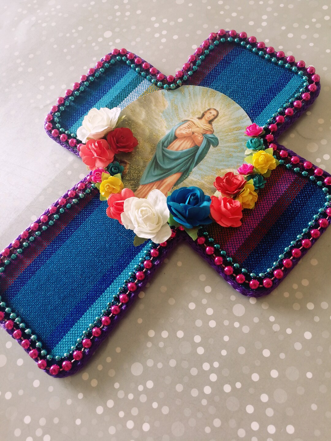 Virgen Maria Wood Cross, Mexican Flower Cross, Holy Mary Wall Cross ...