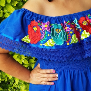 Mexican Embroidered off the Shoulder Royal Blue Blouse, Lace Trim ...