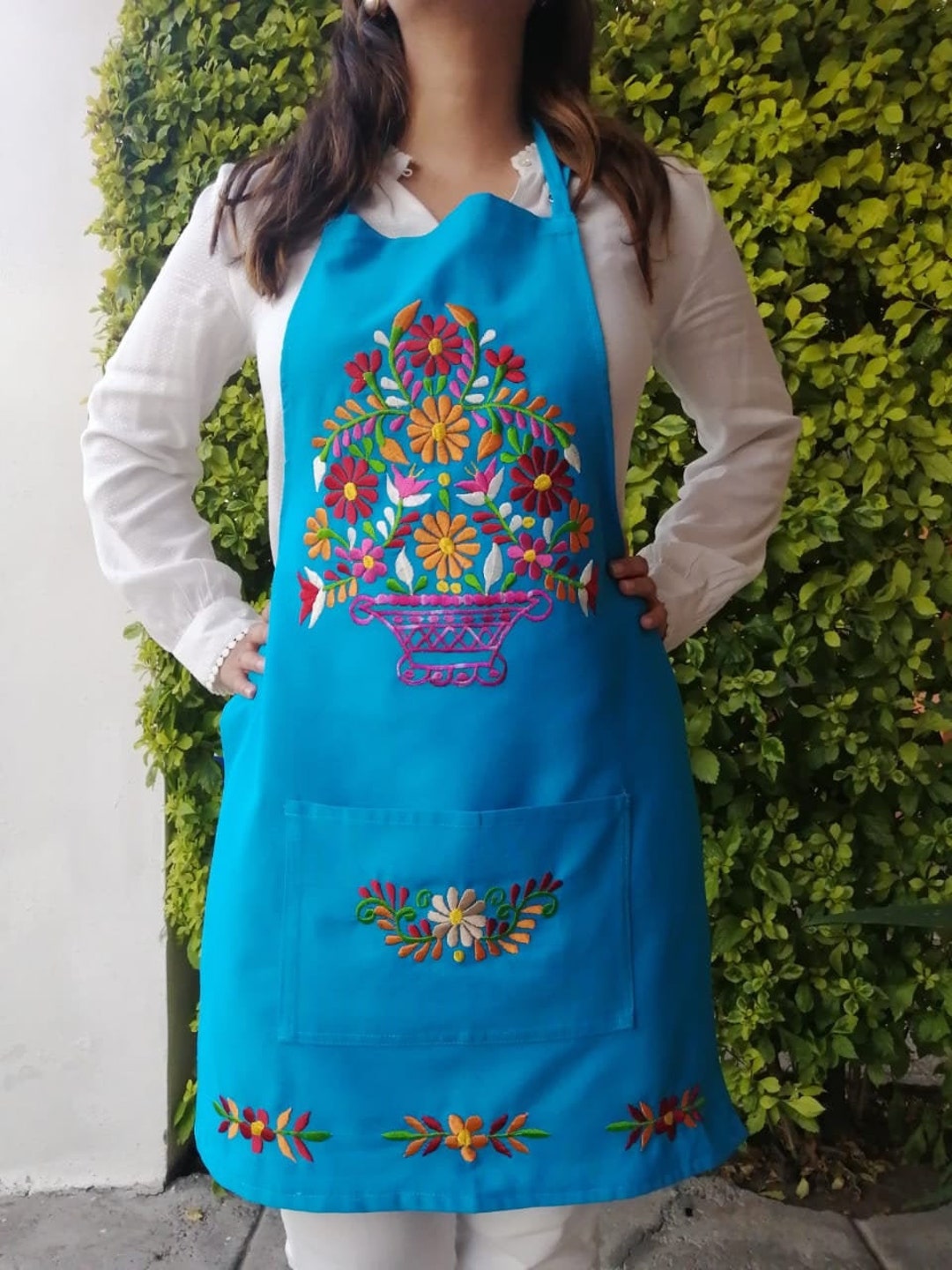 Delantal Bordado Azul Mexicano, Bordado Floral Mexicano, Delantal De ...