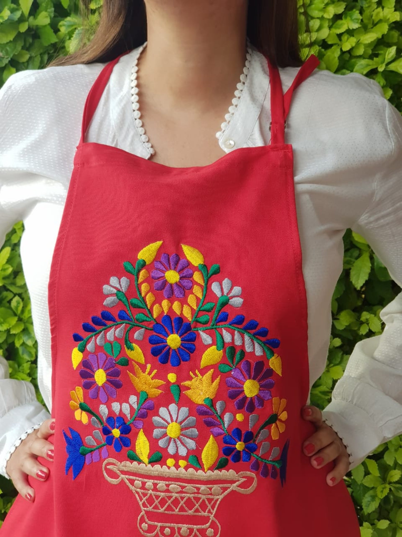 Mexican Red Embroidered Apron Mexican Colorful Floral - Etsy