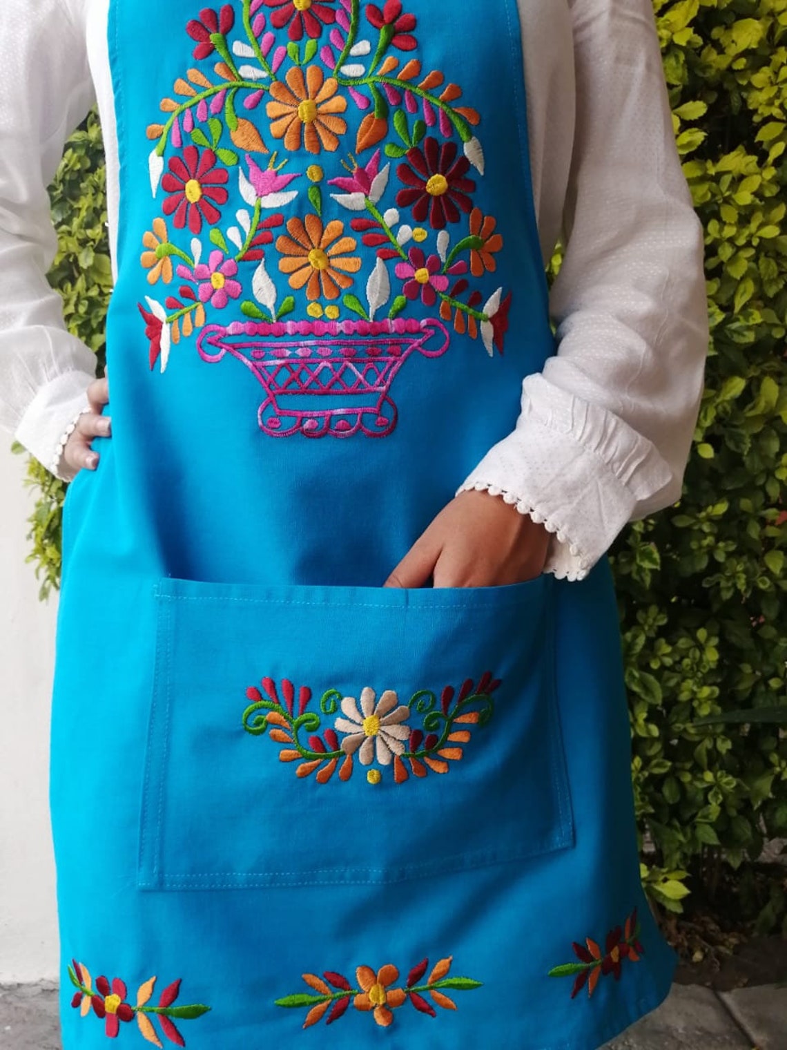 Delantal Bordado Azul Mexicano, Bordado Floral Mexicano, Delantal De ...