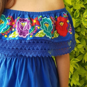Mexican Embroidered off the Shoulder Royal Blue Blouse, Lace Trim ...