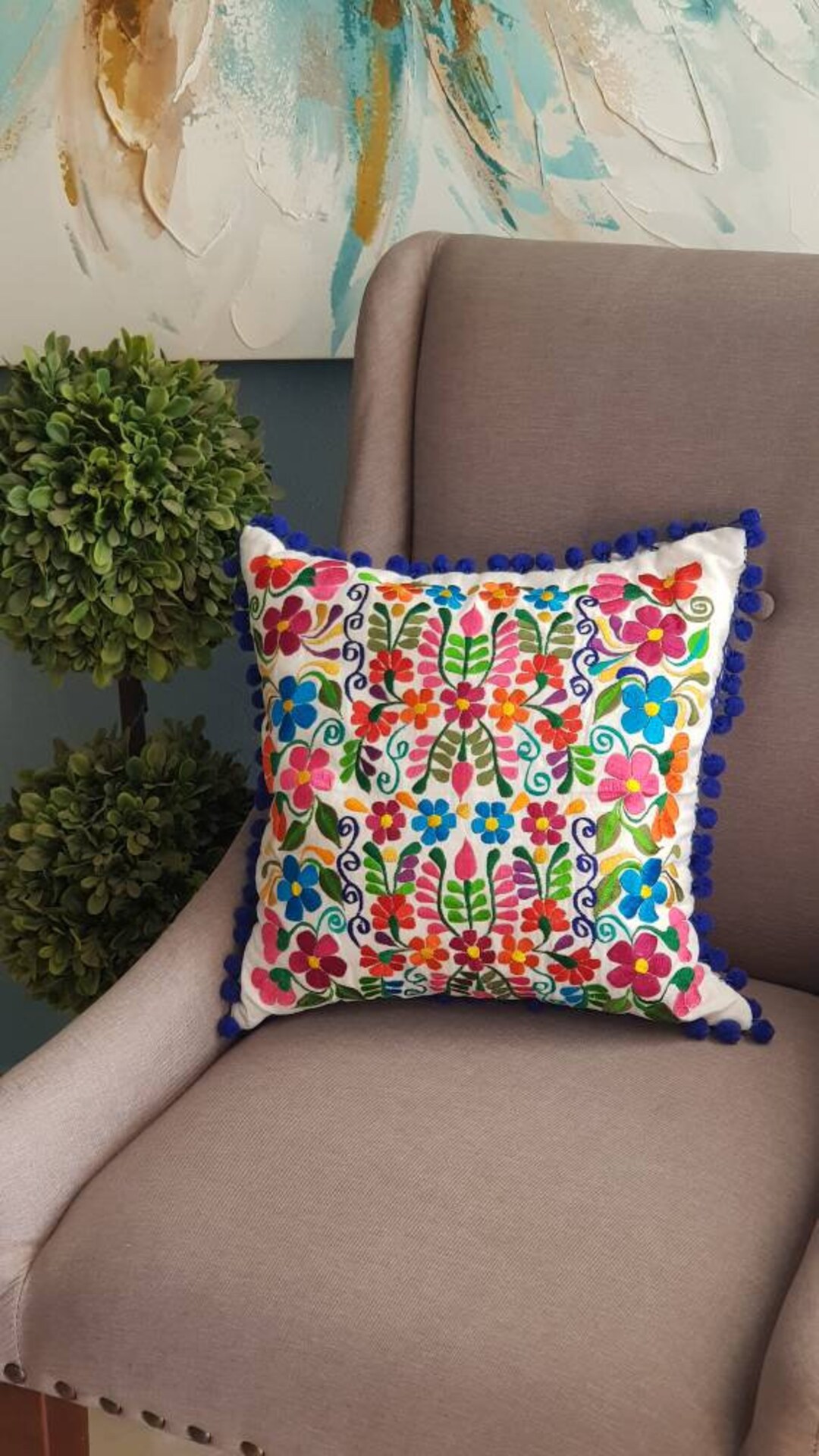 Mexico Blue Embroidered Turquoise Pillow Cover Zipper, Mexican Royal ...