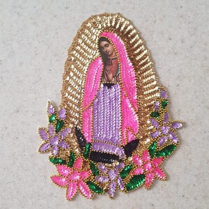 Virgen De Guadalupe Sequin Patch, Our Lady Guadalupe Sequin Applique, Pink Dress Guadalupe ...