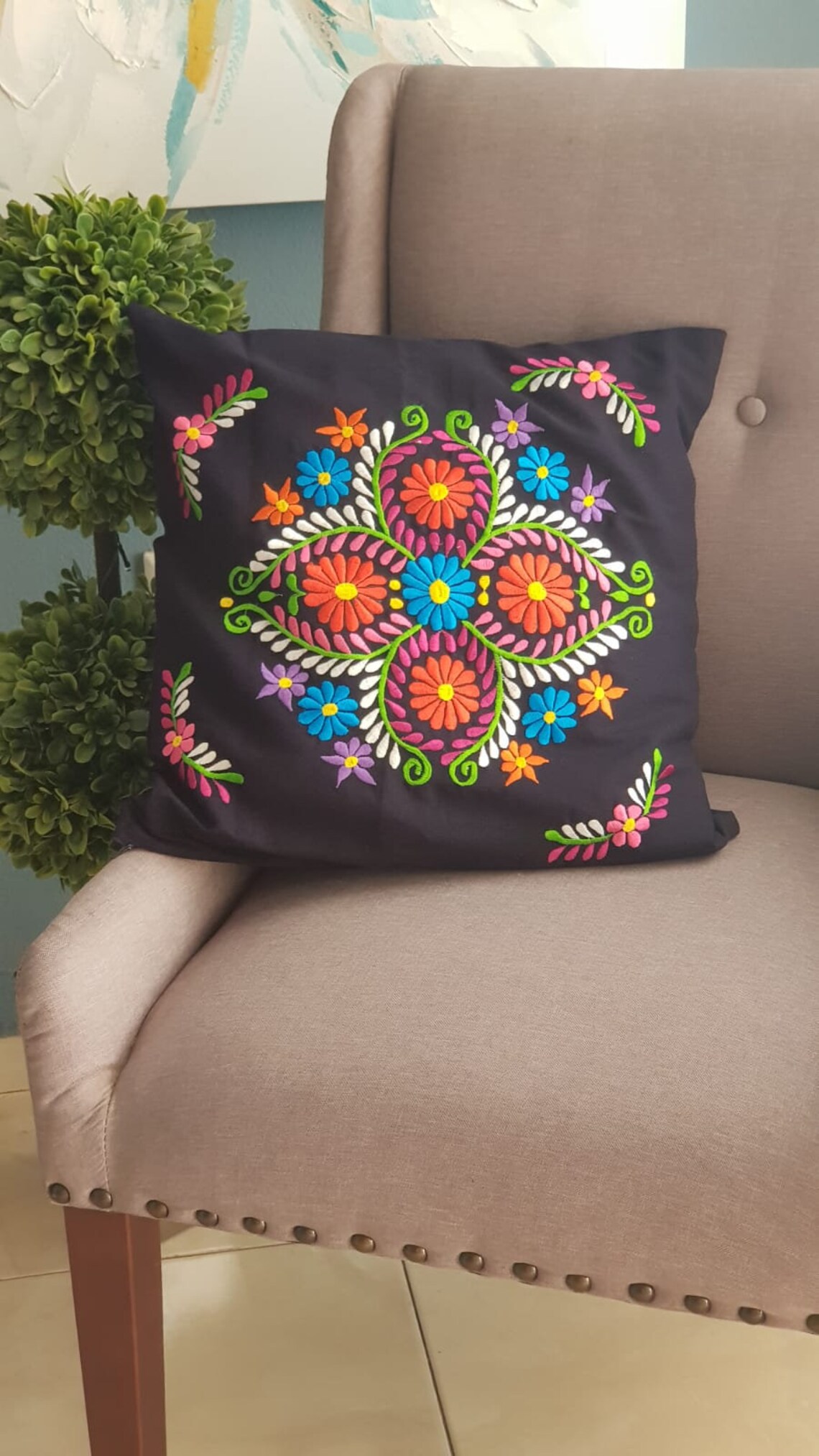 Mexican Black Flower Embroidered Pillow, Mexican Navy Blue Pillow Cover ...