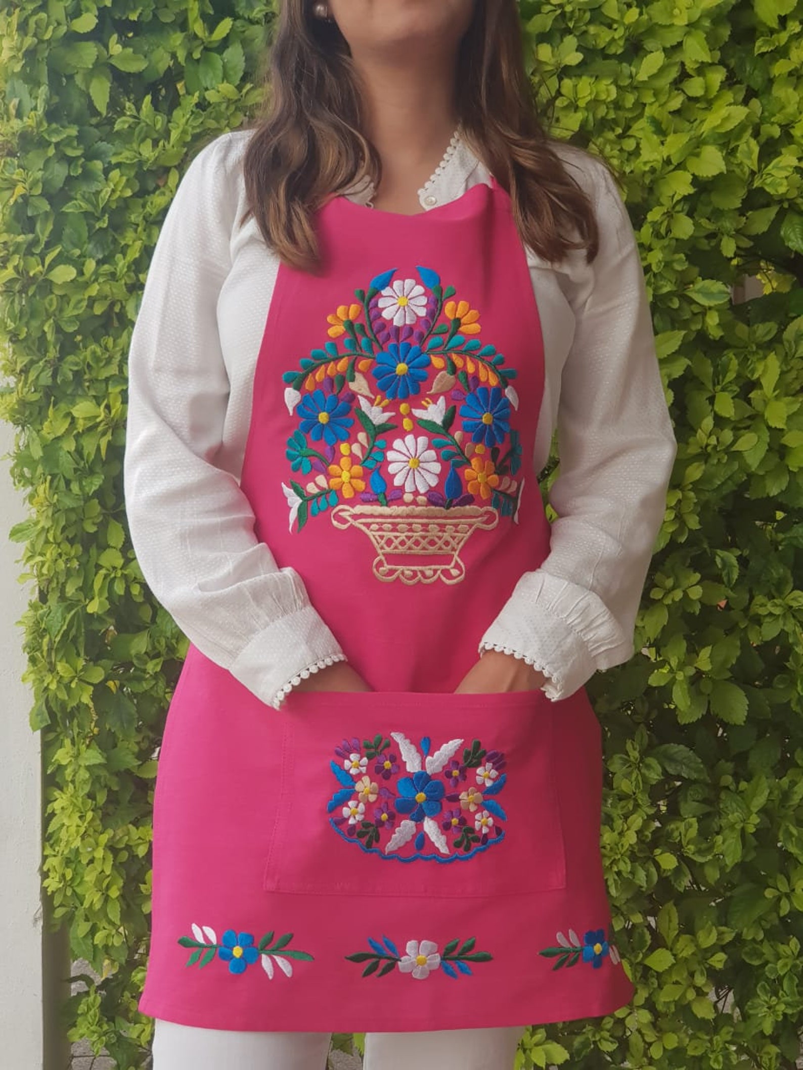 Mexican pink embroidered Apron Mexican colorful floral | Etsy