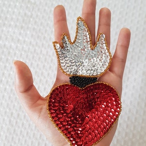 Mini Red Sacred Heart Sequin Patch, Sagrado Corazon, Red Heart Sequin Patch, Mexican Corazon ...