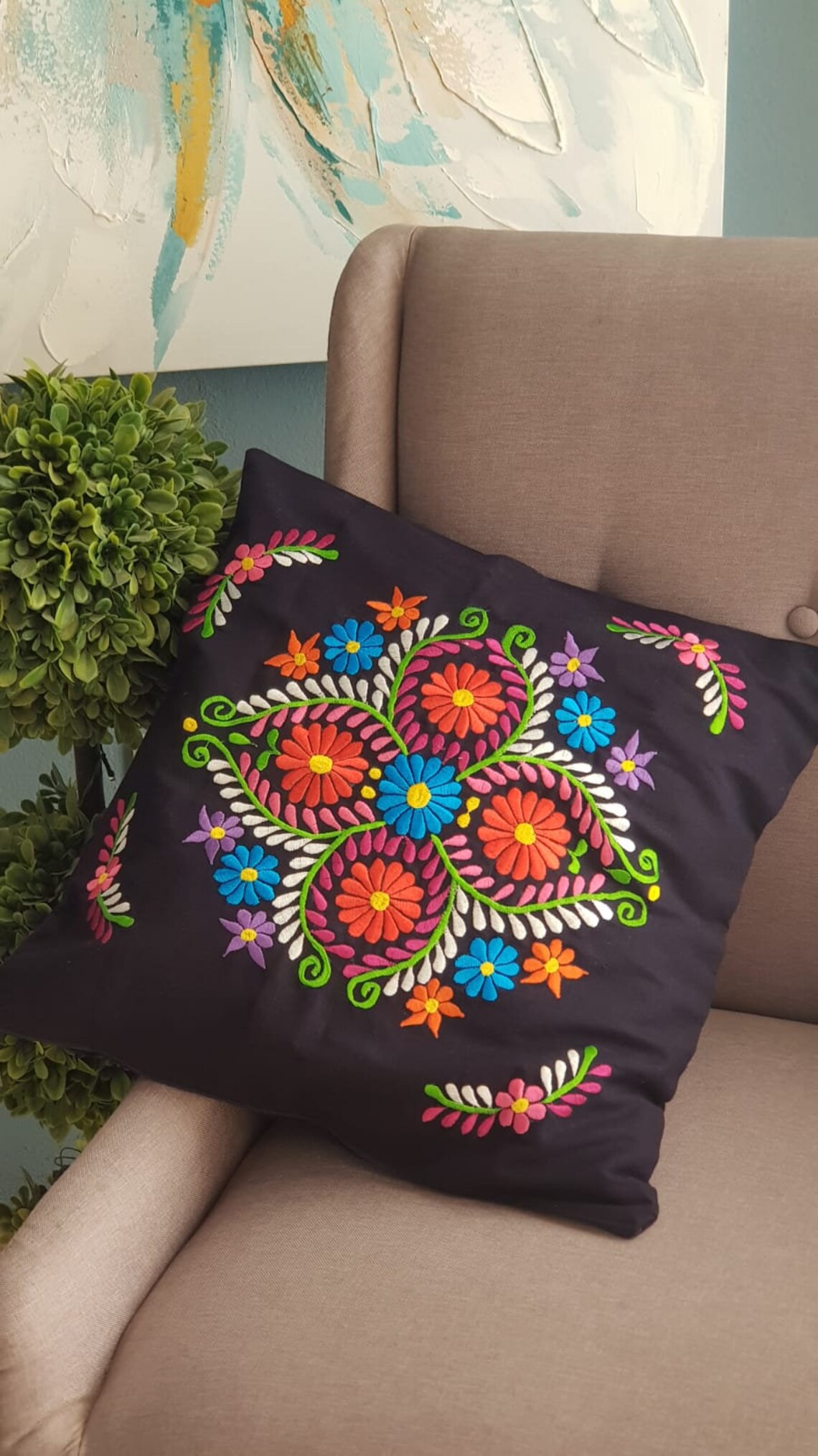 Mexican Black Flower Embroidered Pillow, Mexican Navy Blue Pillow Cover ...