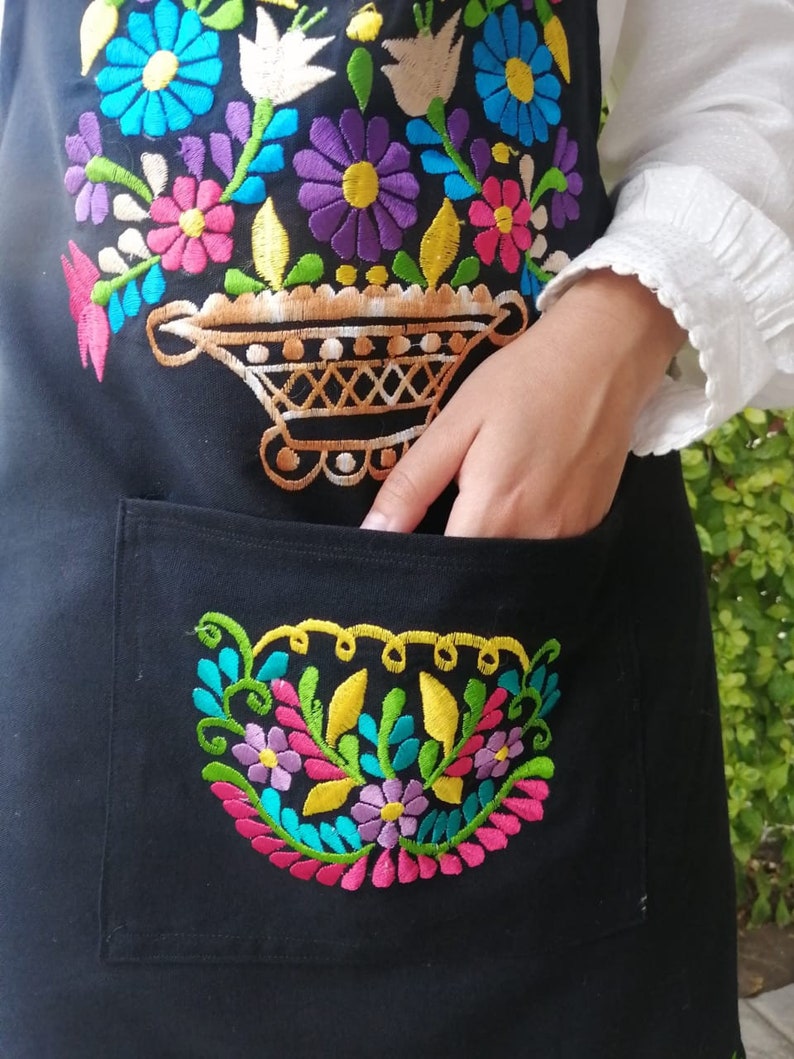 Mexican Black Embroidered Apron Mexican Colorful Floral - Etsy