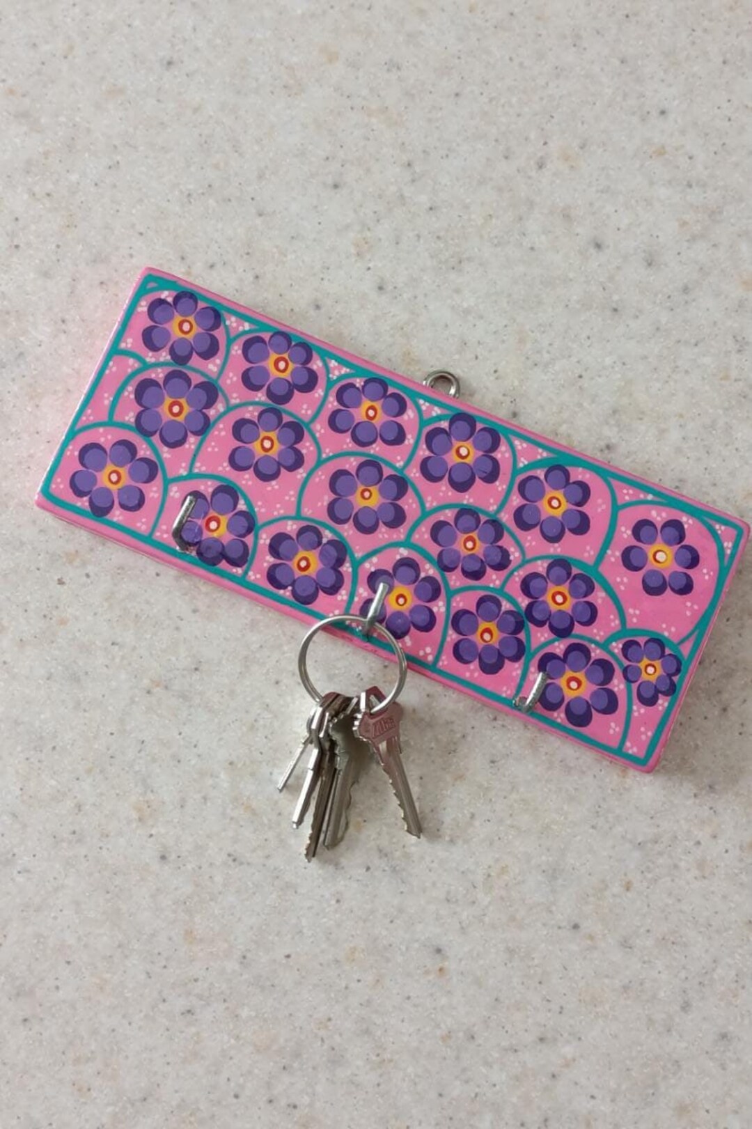Mexican Purple Flower Key Holder, Mexico Pink Fucsia Wood Wall Key Hook ...