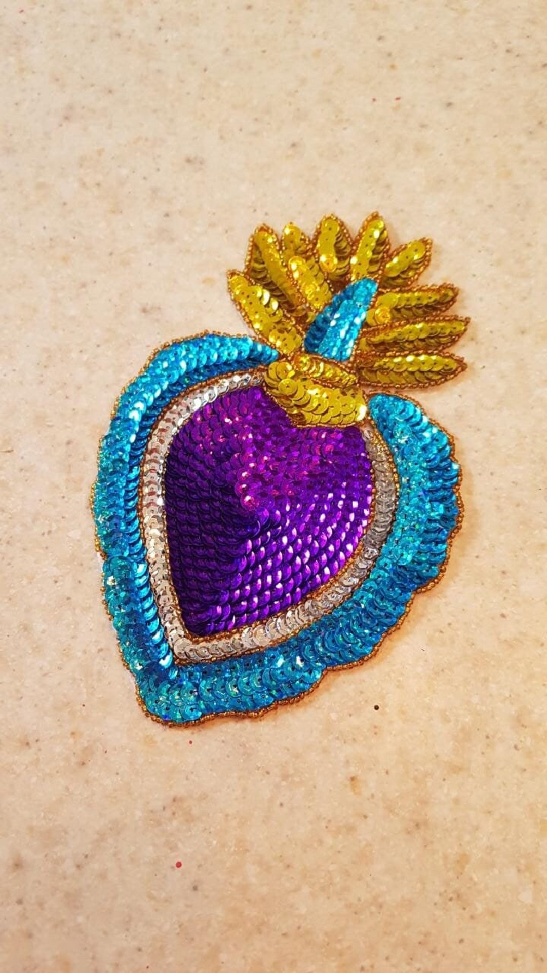 Blue Heart Sequin Patch, Purple Milagro Heart, Mexican Heart Sequin Patch, Mexican Flame Heart ...