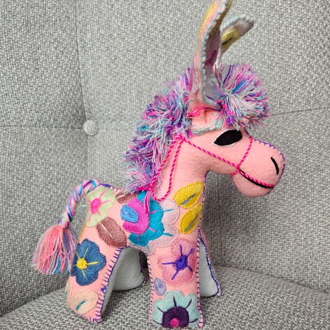 Ligth Pink Donkey Stuffed Animal, Mexico Embroidery Flower Felt Burro ...