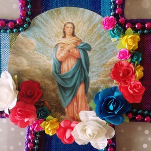 Virgen Maria Wood Cross, Mexican Flower Cross, Holy Mary Wall Cross ...