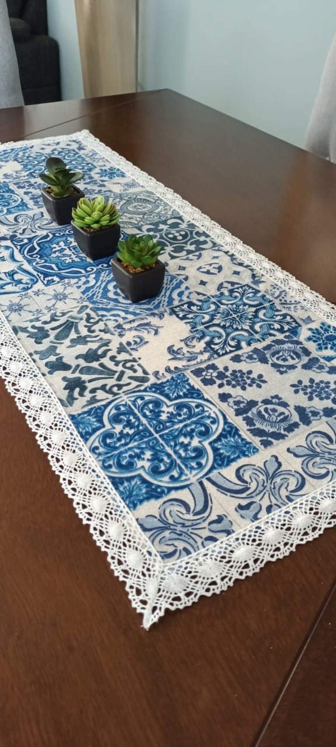 Mexican Blue Table Runner, Knitted Crochet, Spanish Tile Pattern ...