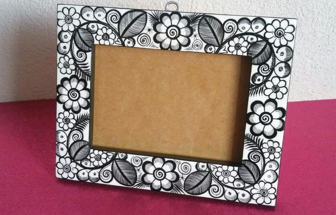 Mexican Black and White Photo Frame, Doodle Flowers Wood Frame, Mexico ...