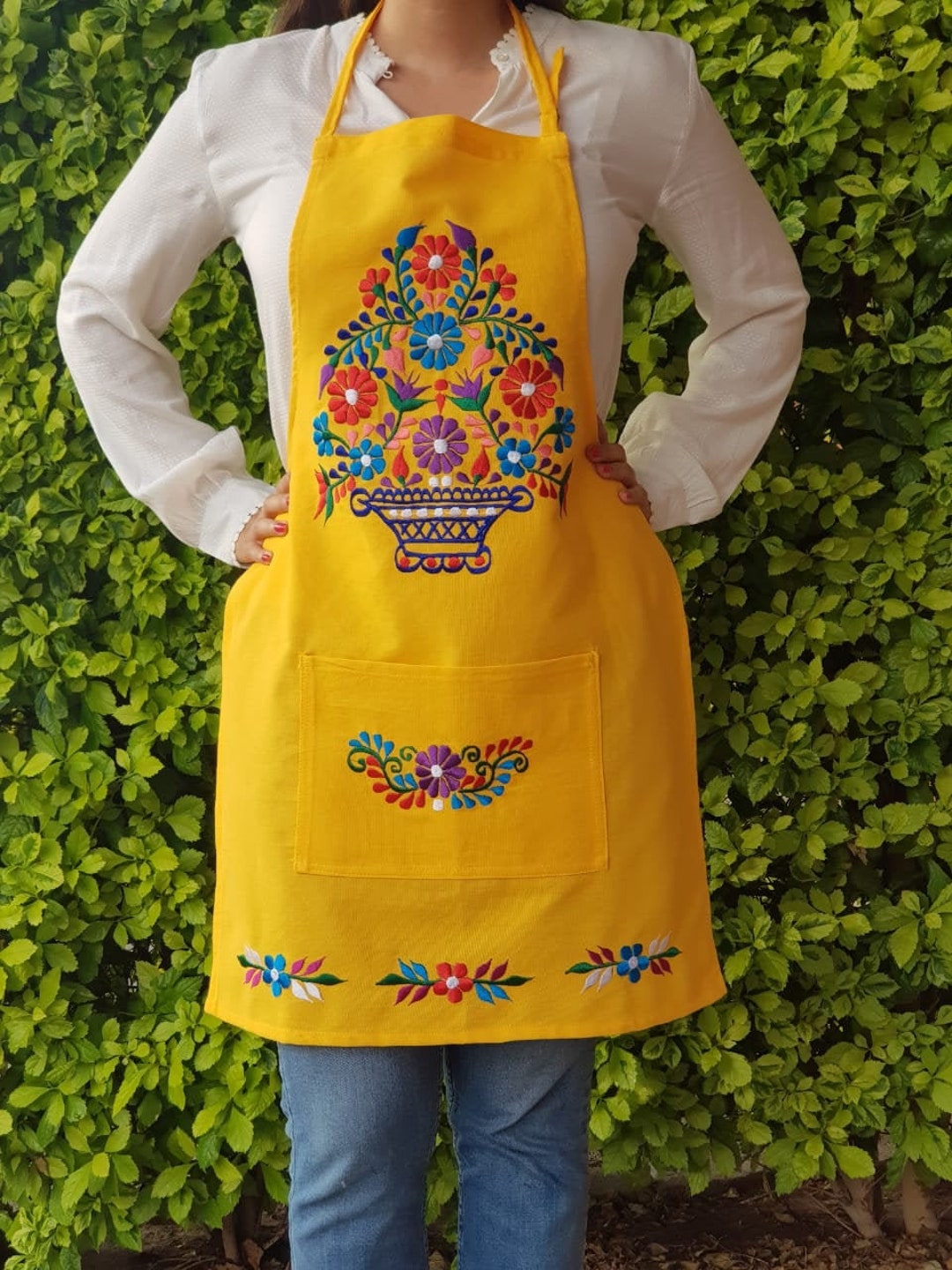 Mexican Yellow Embroidered Apron, Mexican Colorful Floral Embroidery ...
